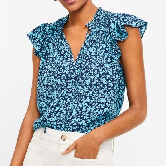 LOFT | Tops | Loft Blue Floral Smocked Tie Neck Flutter Sleeve Shell Blouse Sz M | Poshmark